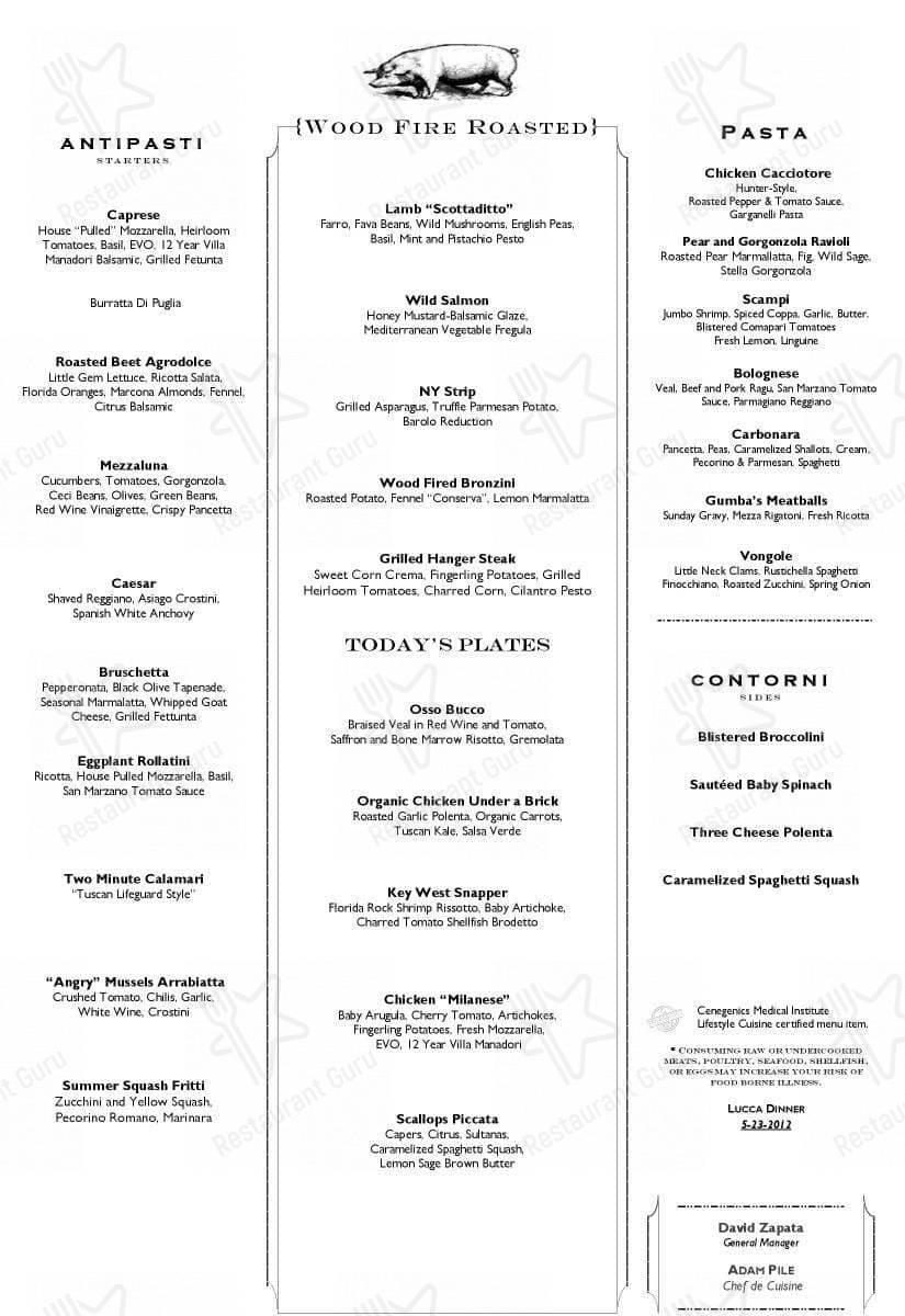 Menu at Lucca restaurant, Manningtree