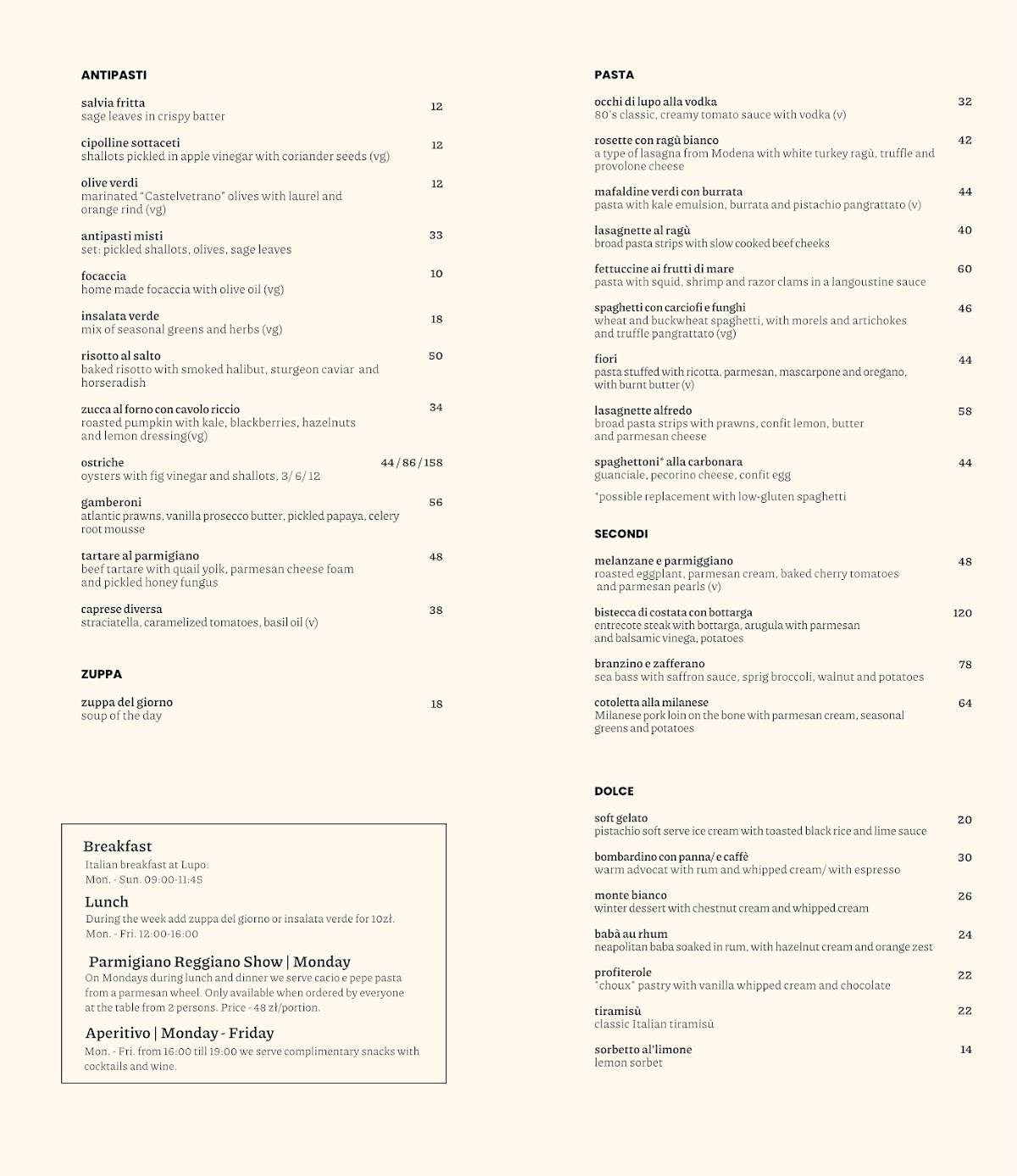 Menu at Lupo Pasta Fresca restaurant, Warsaw