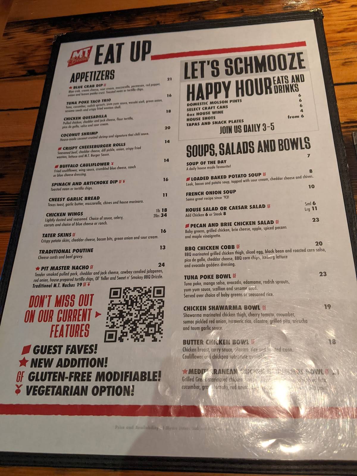 Menu at M.T. Bellies restaurant, Welland