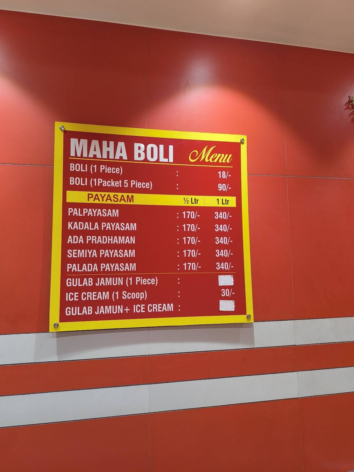 Menu at Maha Boli, Thiruvananthapuram