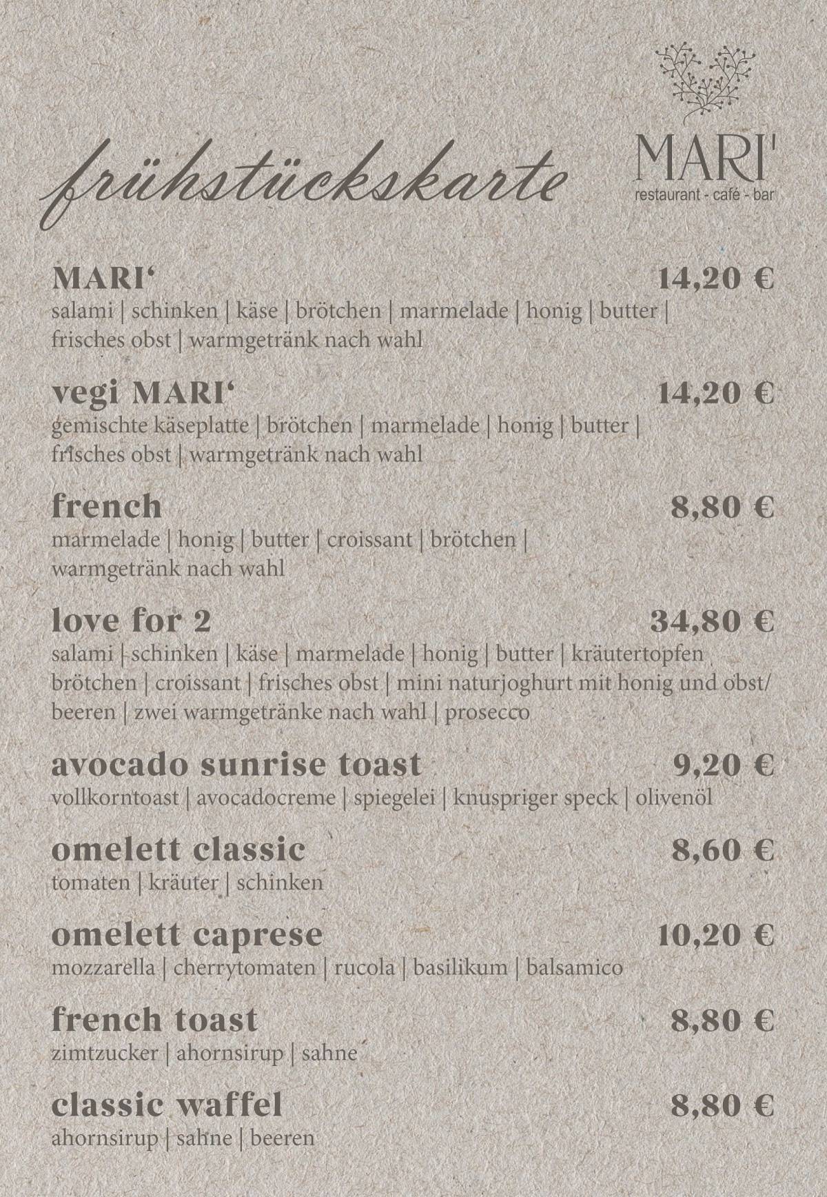 Speisekarte von MARI' am Garnmarkt restaurant, Götzis