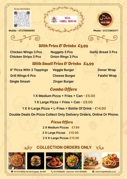 Menu at MAX Grill House restaurant, Birmingham