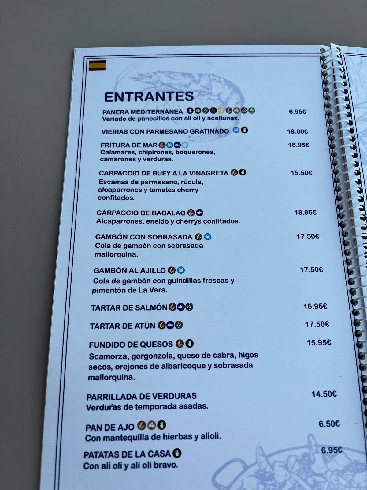 Menu at MEDITERRÁNEA restaurant, Cala Bona