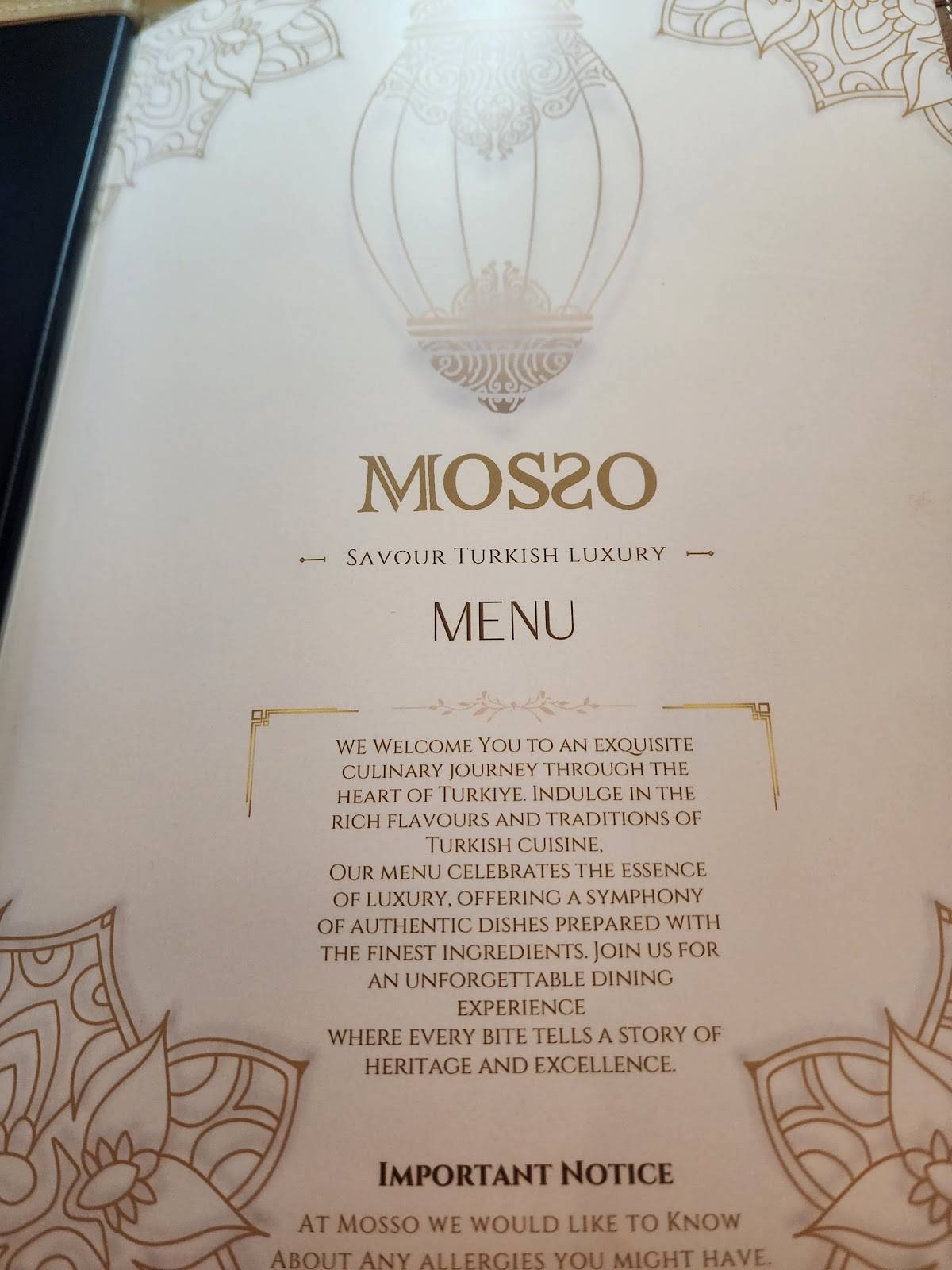 Menu at MOSSO SAVOUR TURKISH LUXURY restaurant, Johannesburg