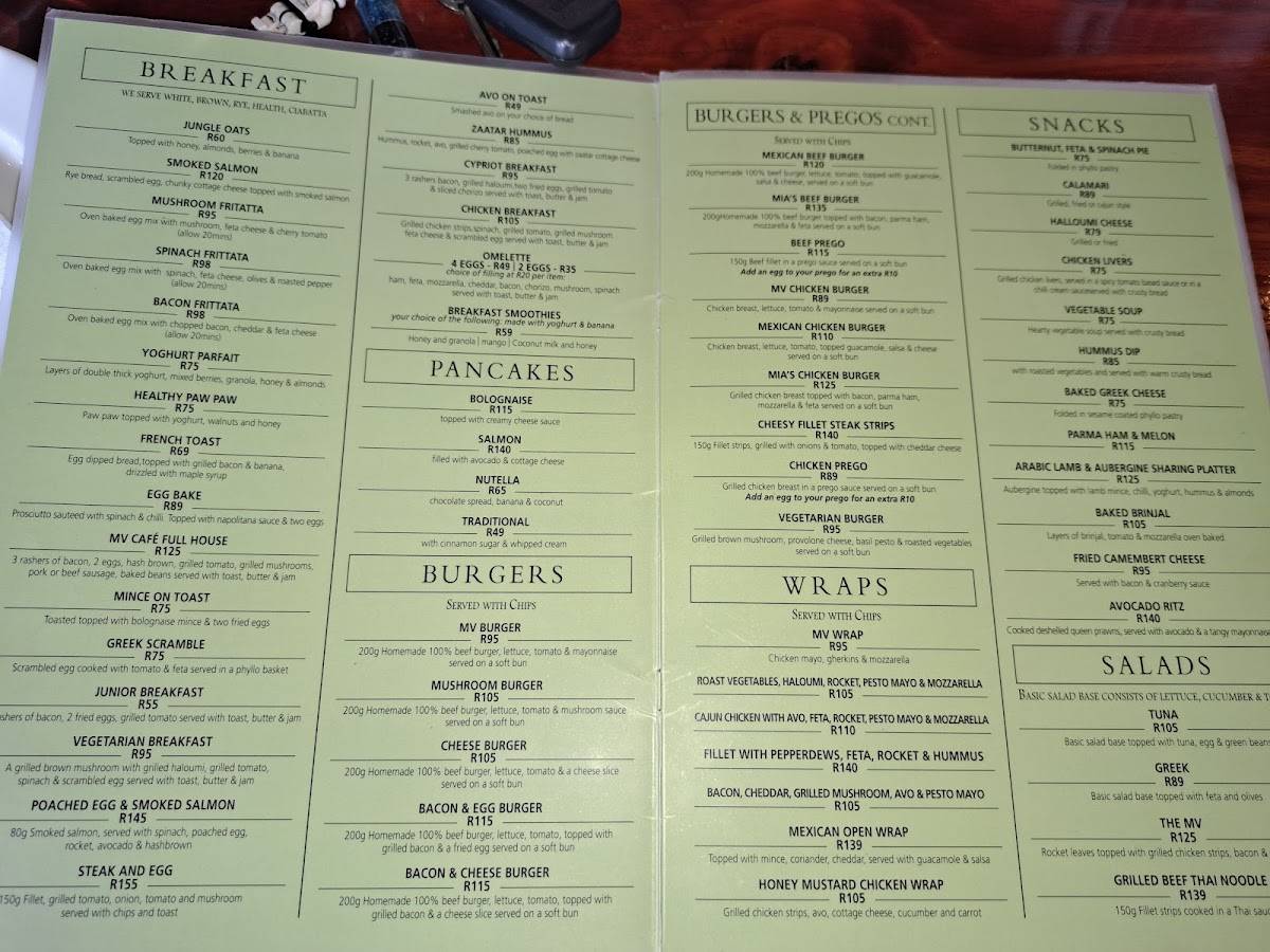Menu at MV CAFE, Randburg