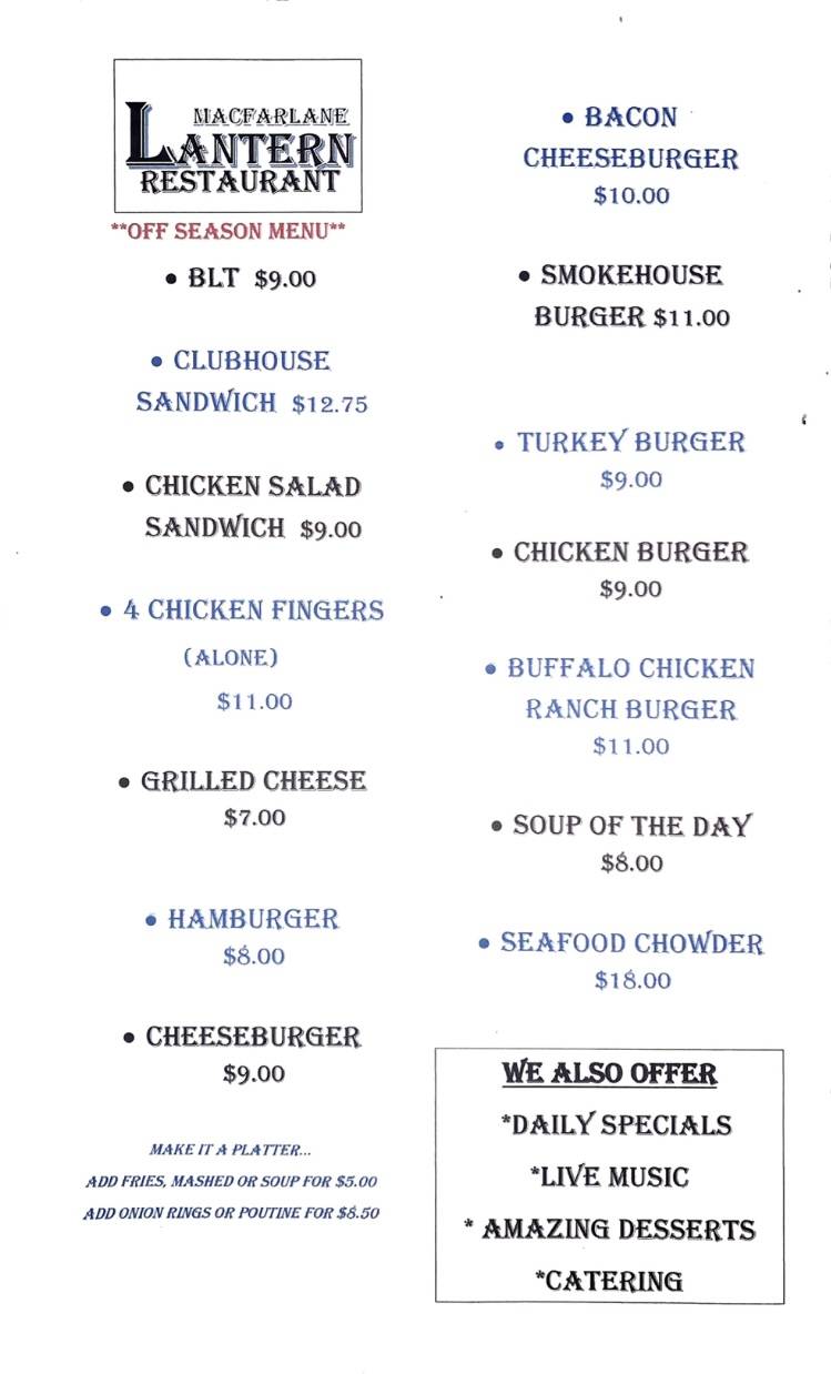Menu at MacFarlane Lantern Restaurant, Pugwash