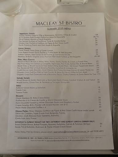 Menu at Macleay St Bistro restaurant, Potts Point