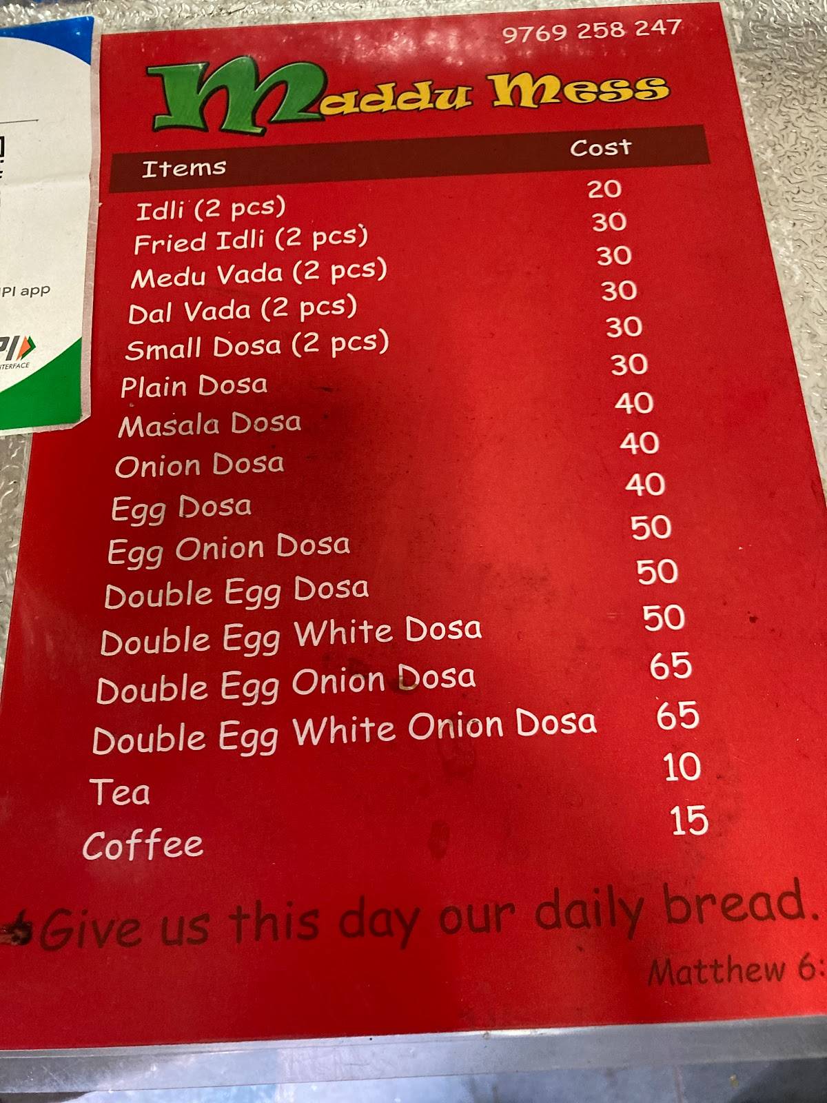 Menu at Maddu Mess, Mumbai, near IIT Area