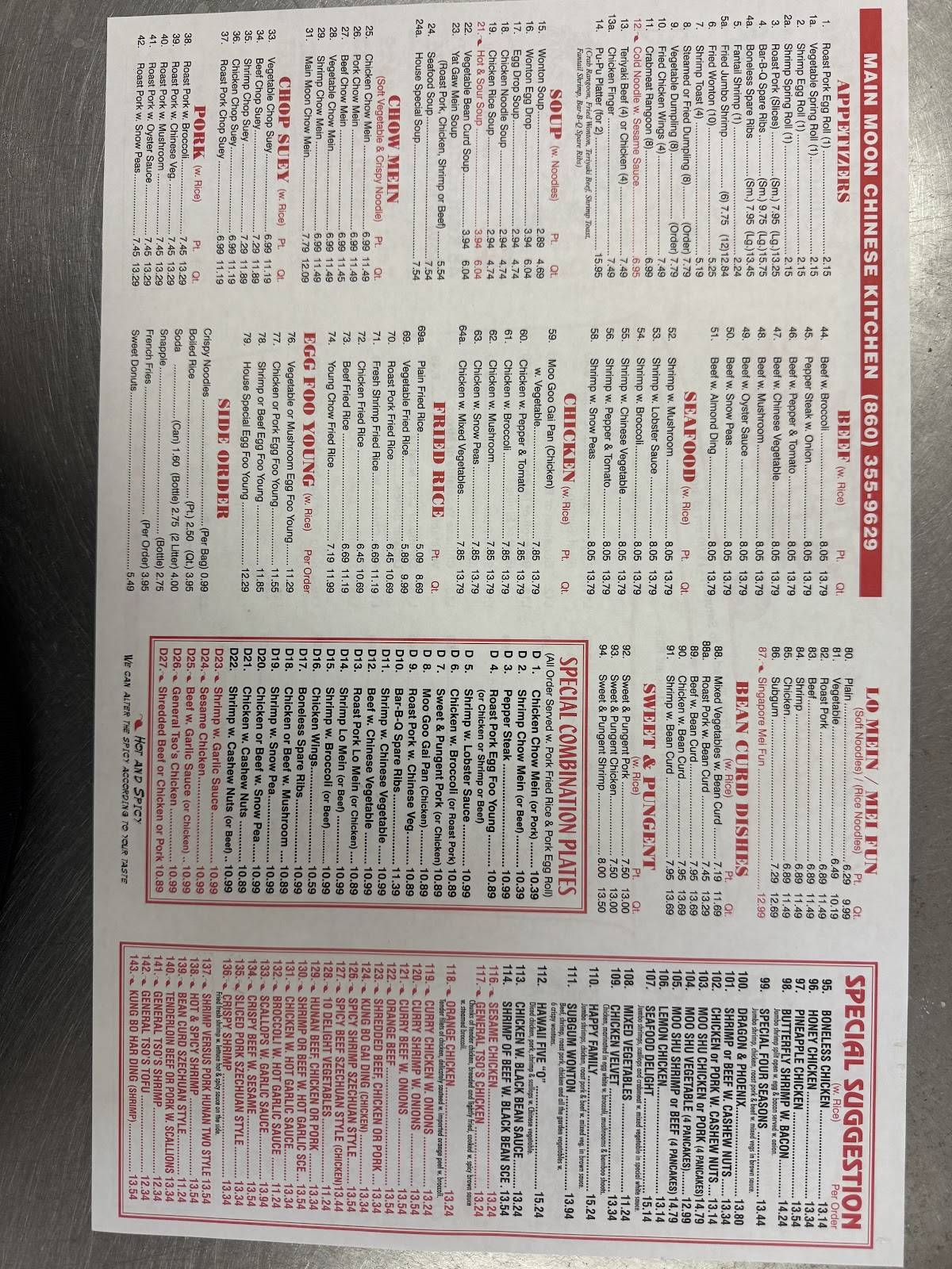 Menu at Main Moon restaurant, New Milford