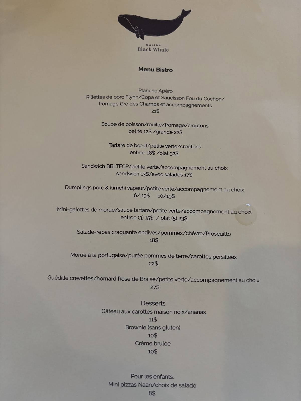Menu au Restaurant Maison Black Whale par Nath & Compagnie, Percé