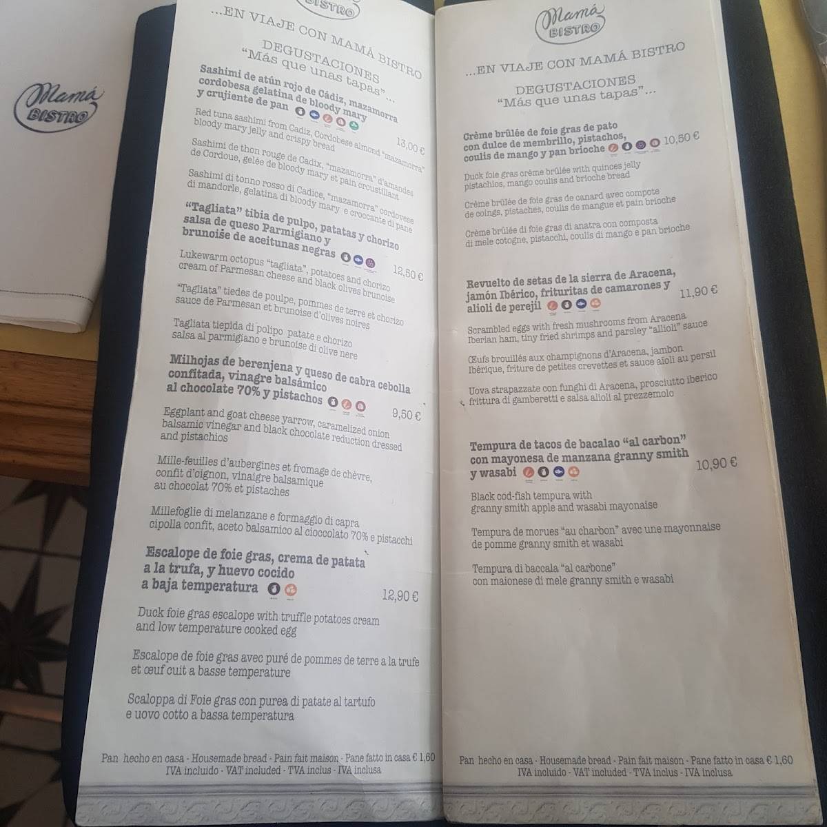 Menu at Mama Bistro restaurant, Seville, C. Mateos Gago