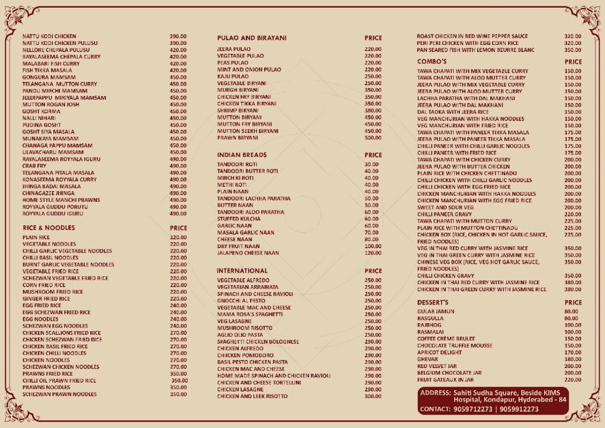 Menu at Manchi Baphe, Hyderabad