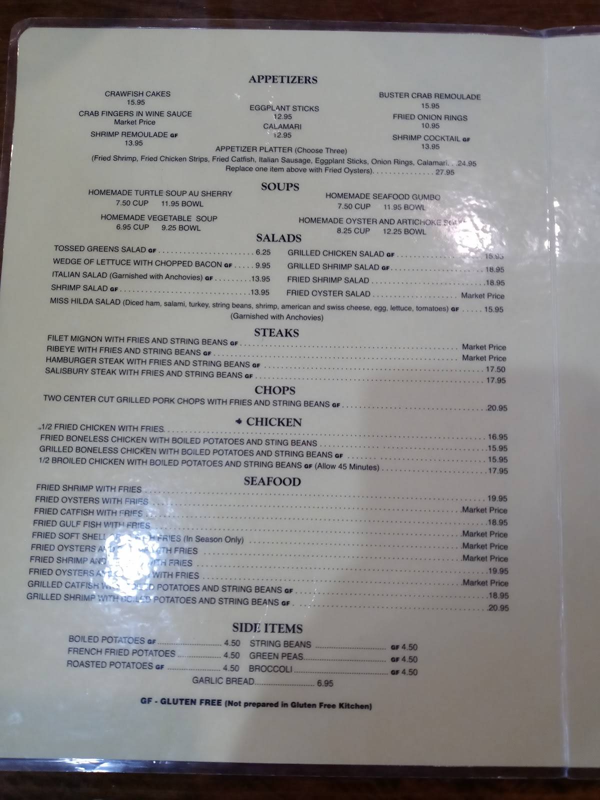 Menu at Mandina's Restaurant, New Orleans