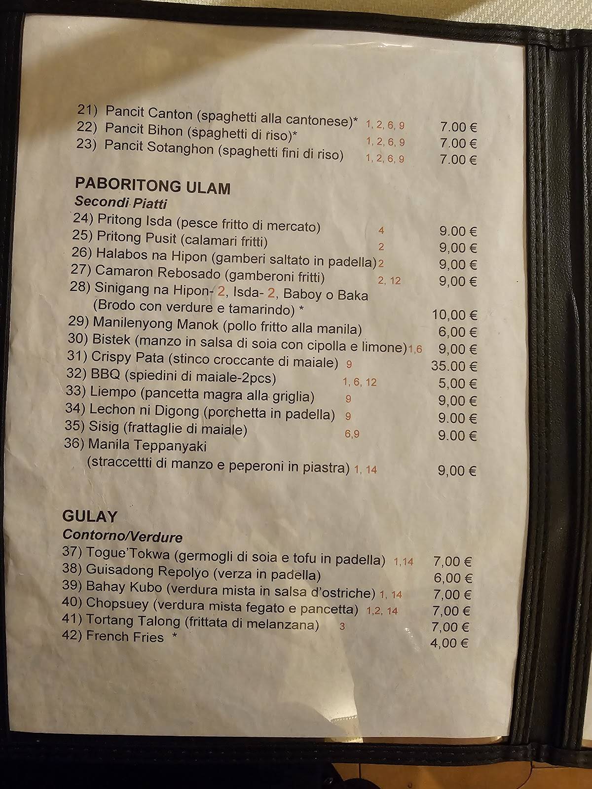 Menu at Manila Restaurant (Filipino Restaurant), Rome