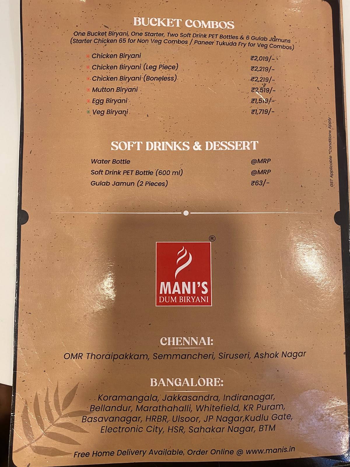 Menu at Mani's Dum Biryani - Semmancheri (Take-Away Only), Chennai
