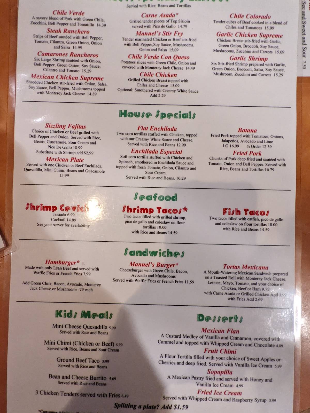 Menu at Manuel's Mexican Restaurant, Green Valley