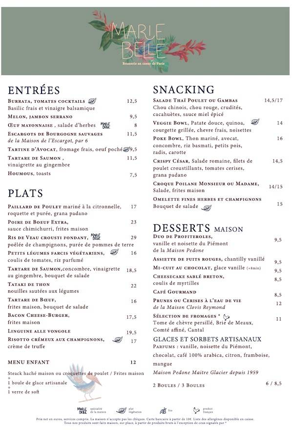 Menu at Marie Belle restaurant, Paris