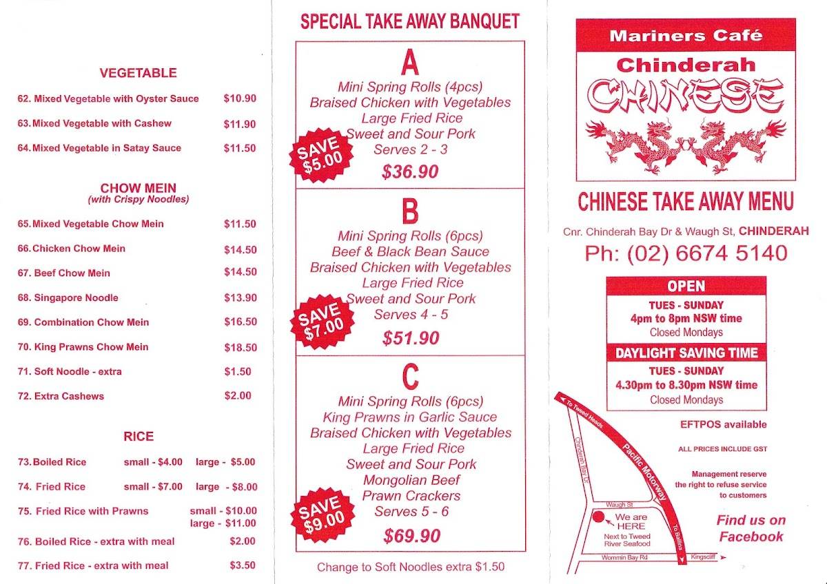 Menu at Mariner's Cafe Chinese Takeaway, Chinderah