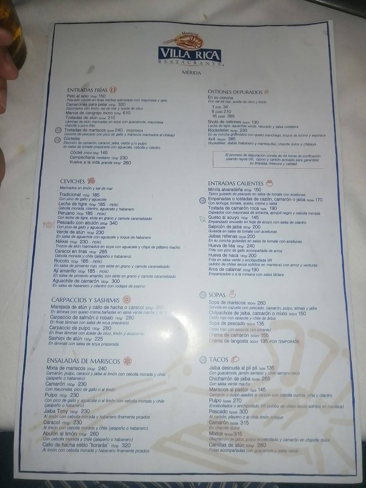 Carta del restaurante Mariscos Villa Rica Mérida, Merida