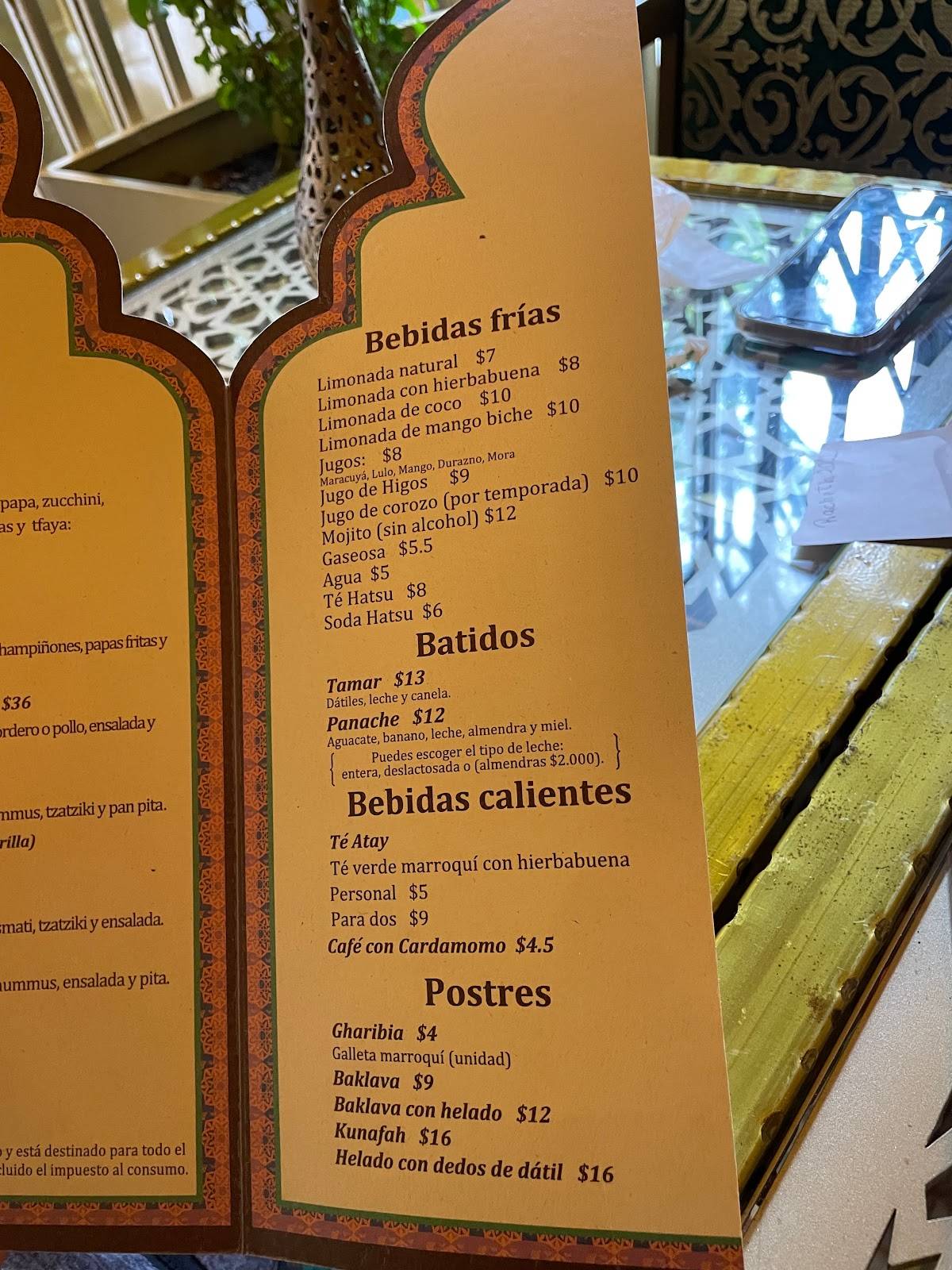Menu at Marrakesh Comida Marroquí 85 restaurant, Bogotá