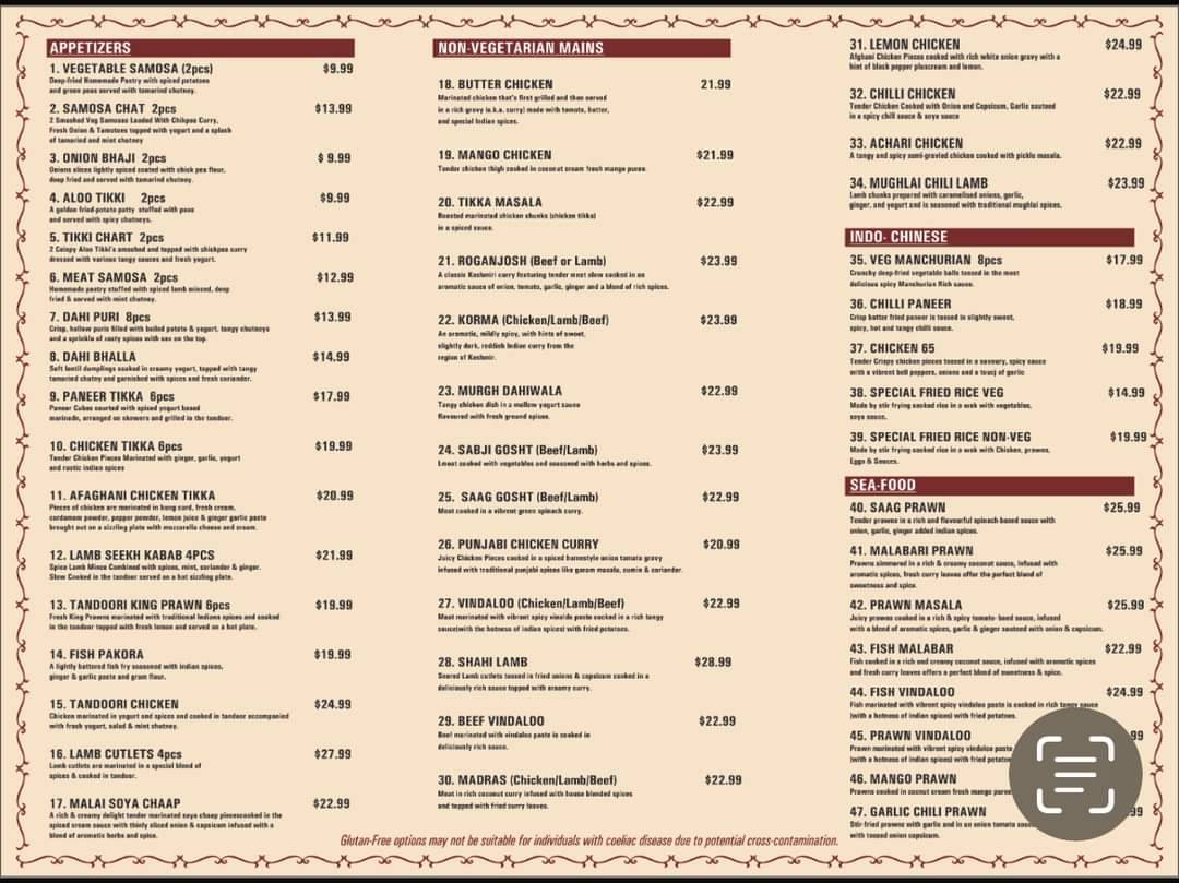 Menu at Masala Corner restaurant, Wangaratta