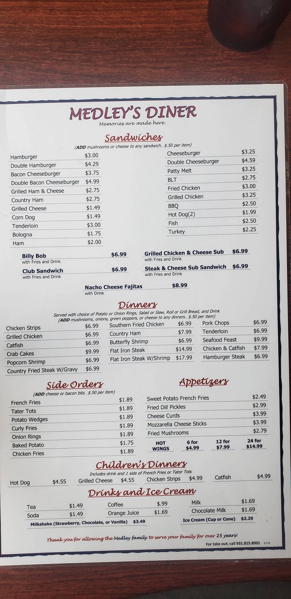 Menu at Medley's Diner restaurant, Morrison, 7783 Manchester Hwy