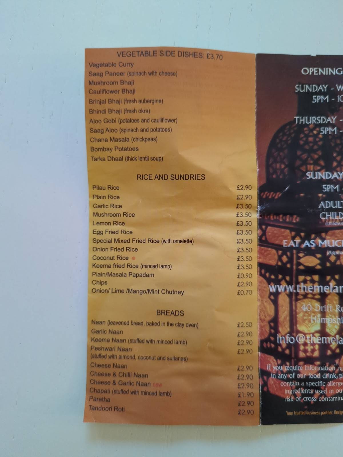 Menu at Mela restaurant, Clanfield