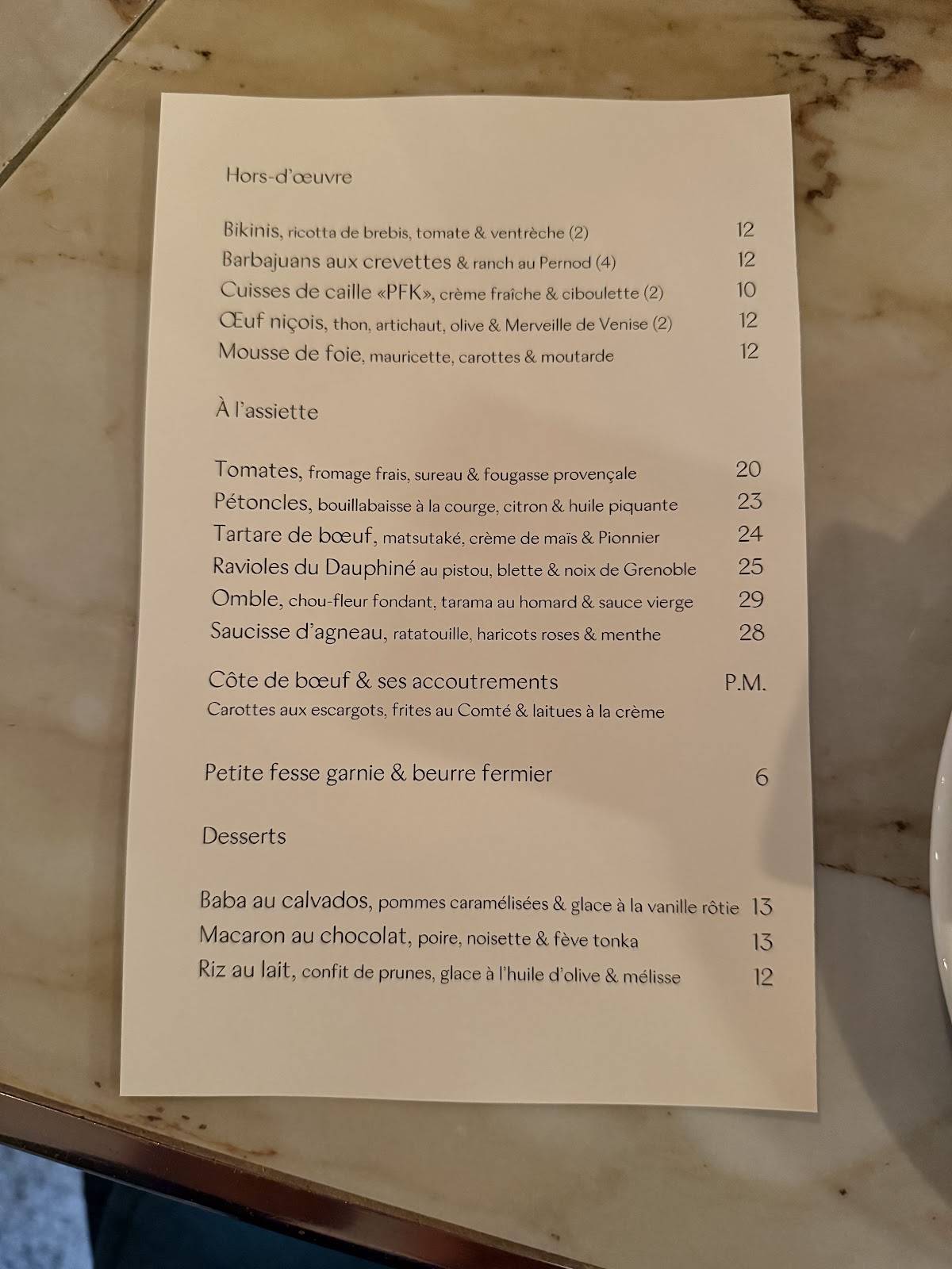 Menu au Restaurant Melba, Québec