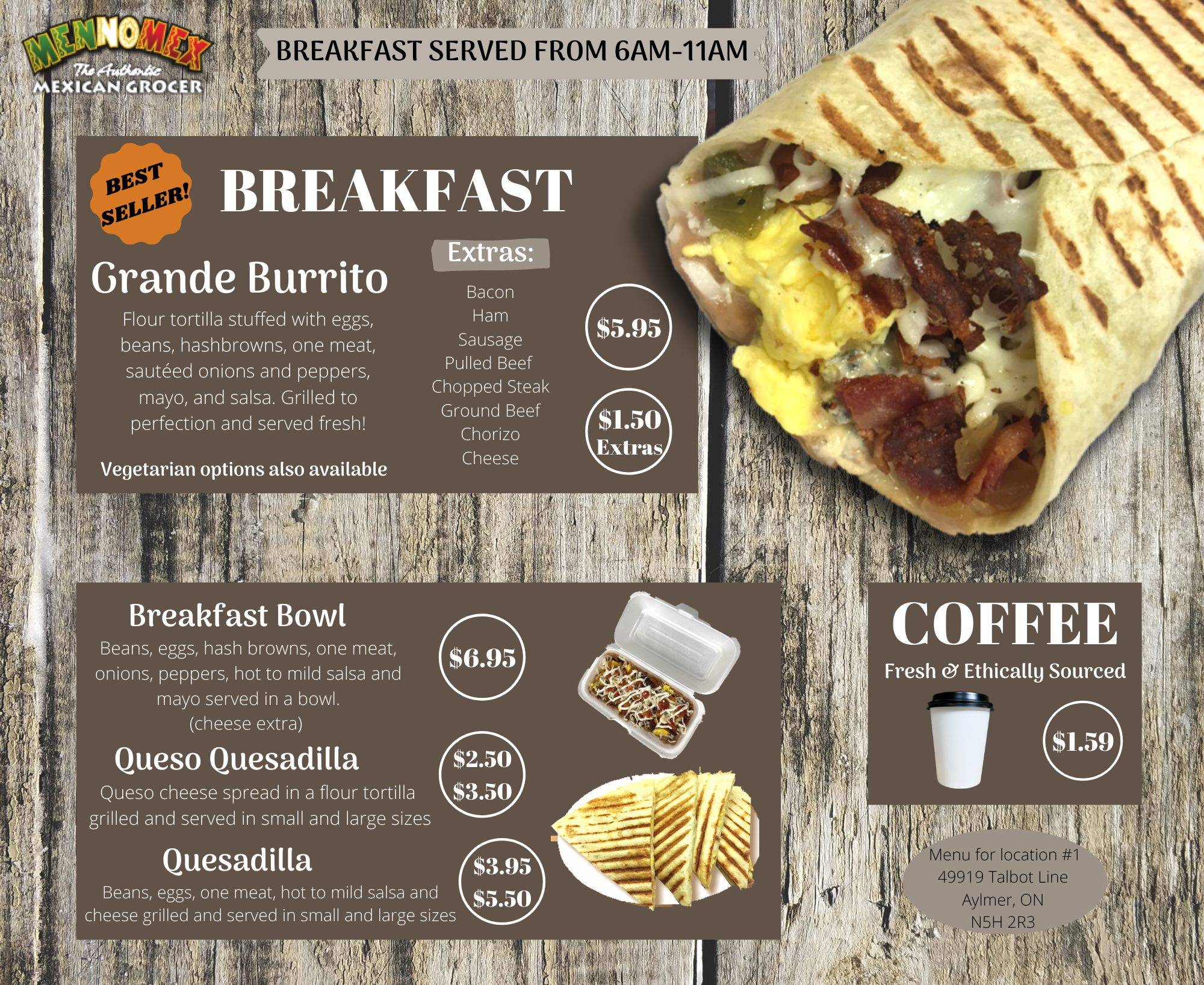 Menu at Mennomex restaurant, Aylmer