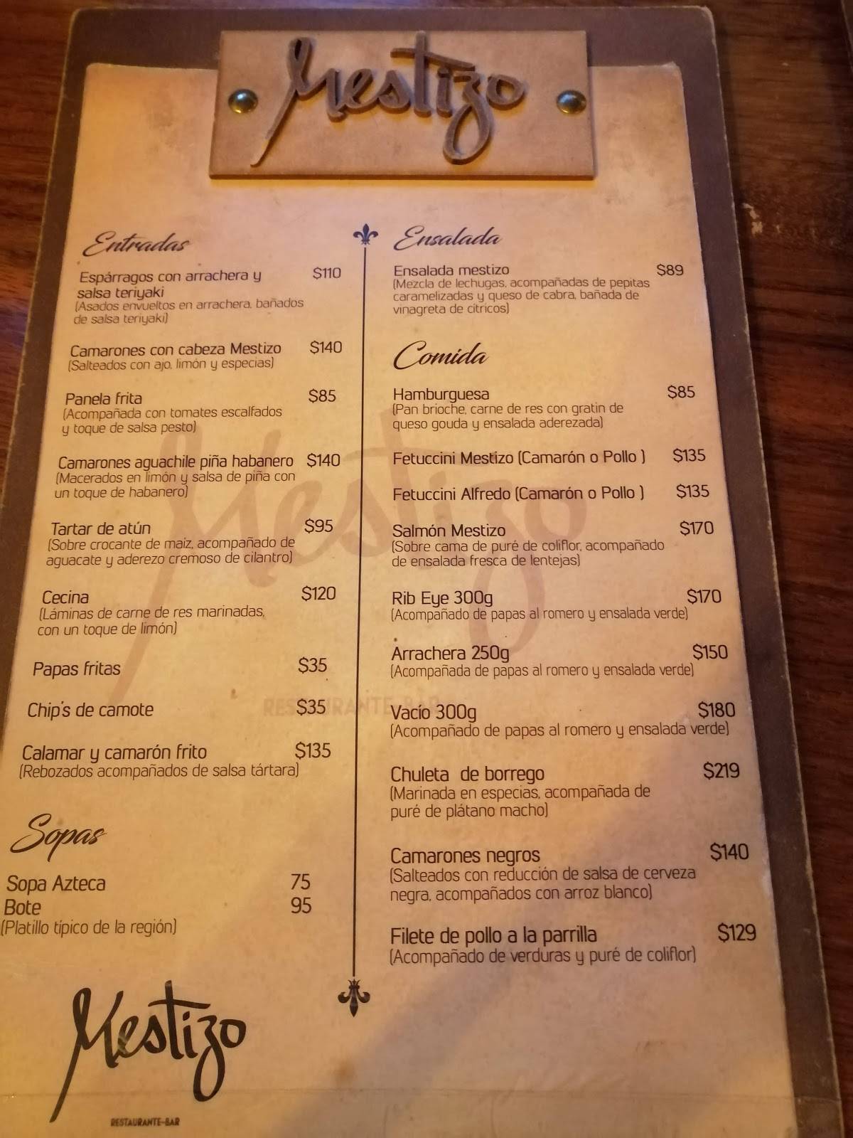 Carta del restaurante Mestizo Mazamitla, Mazamitla