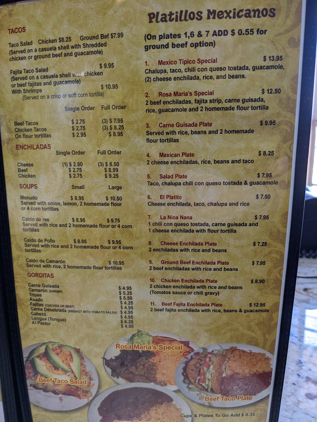 Menu at Mexico Tipico restaurant, Port Lavaca