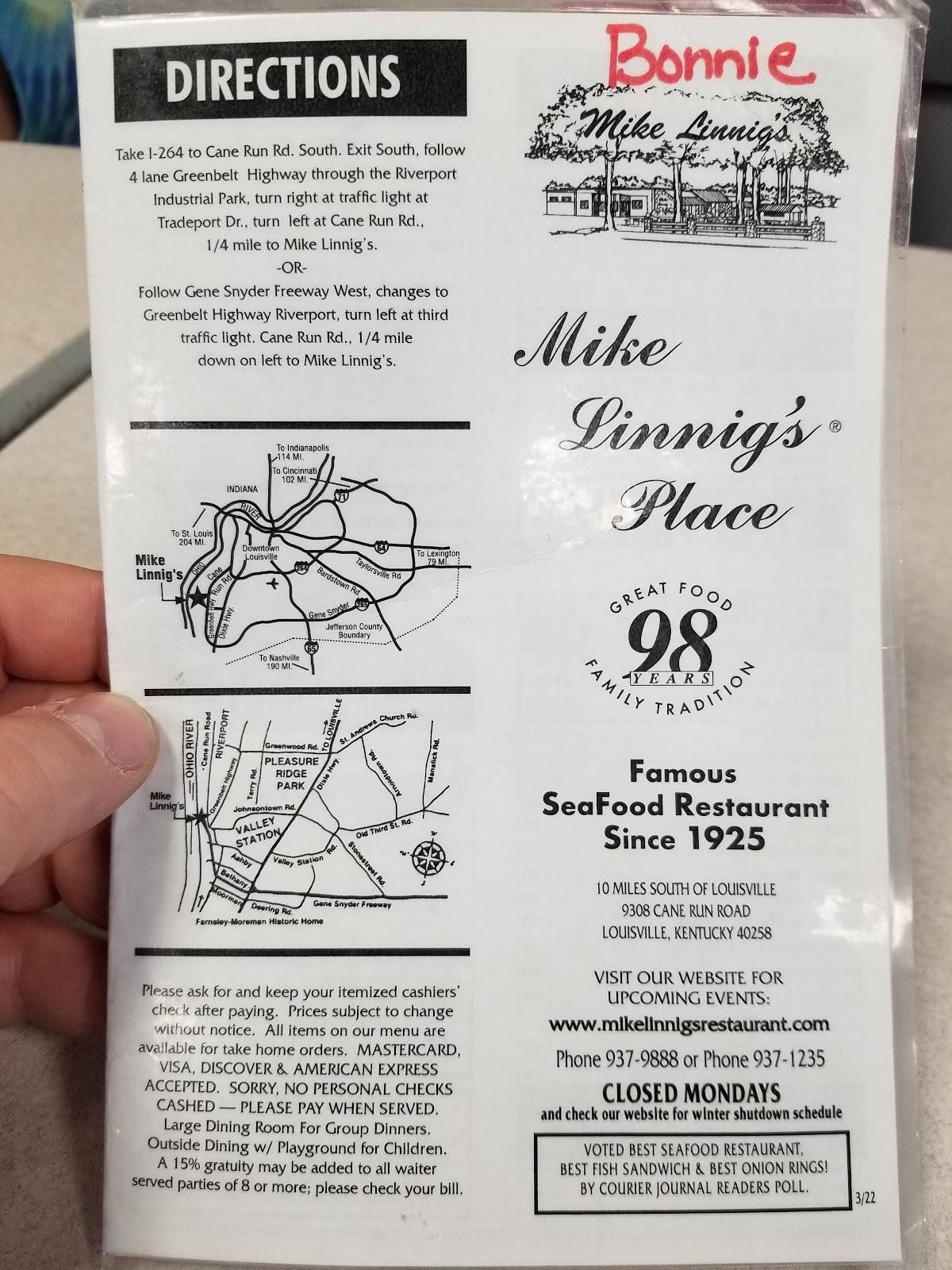Menu at Mike Linnig's restaurant, Louisville, Cane Run Rd