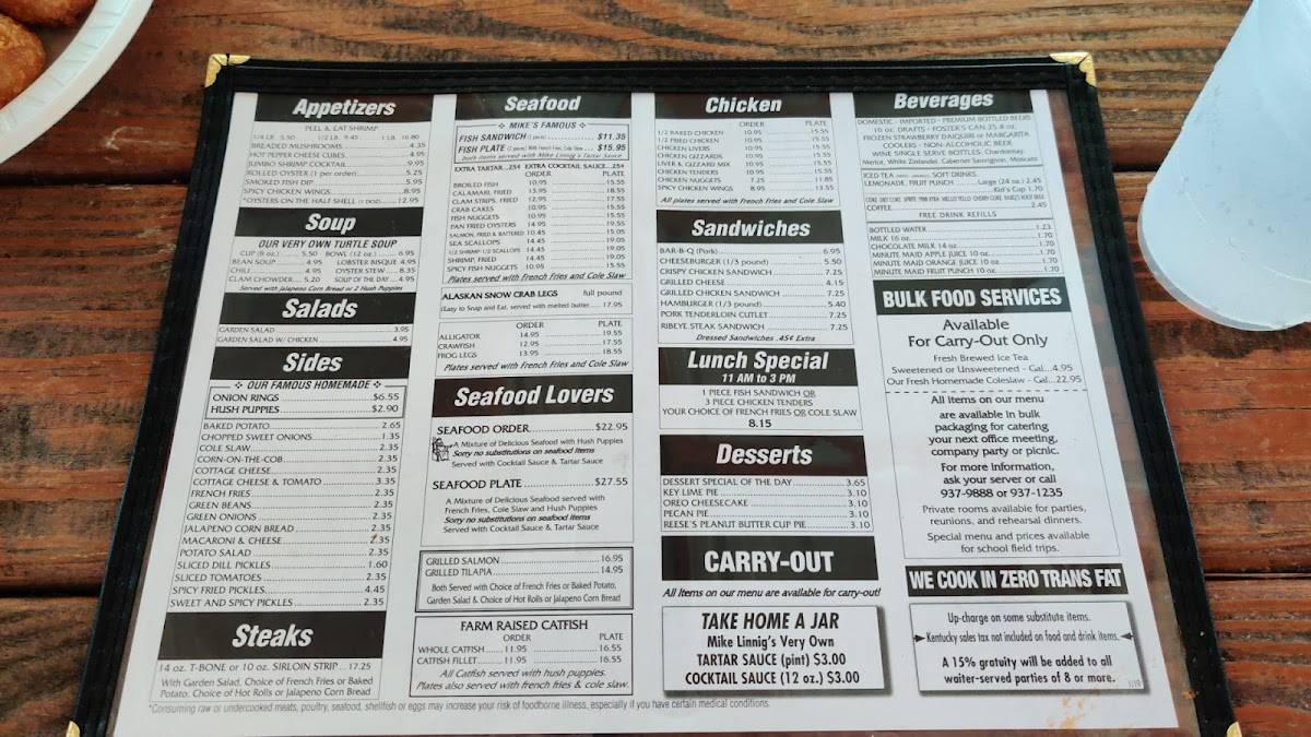 Menu at Mike Linnig's restaurant, Louisville, Cane Run Rd
