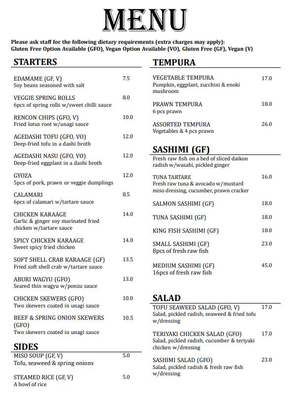 Menu at Miku Japanese Restaurant, Graceville