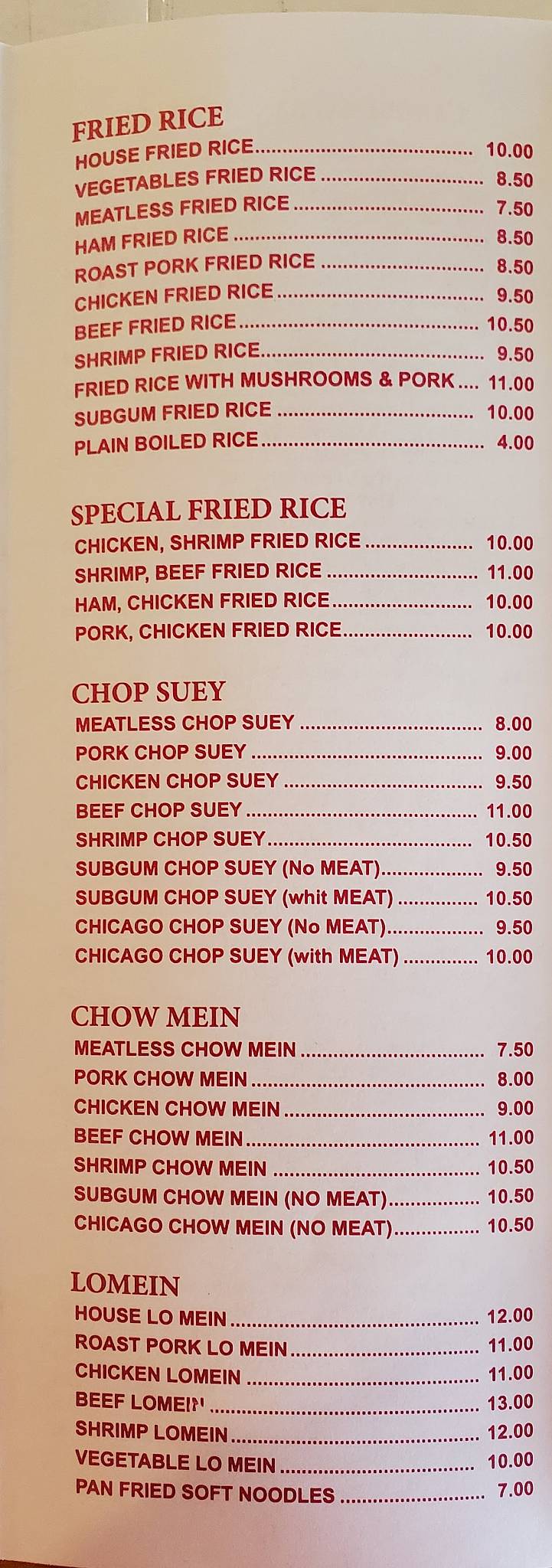 Menu at Ming House restaurant, Berlin