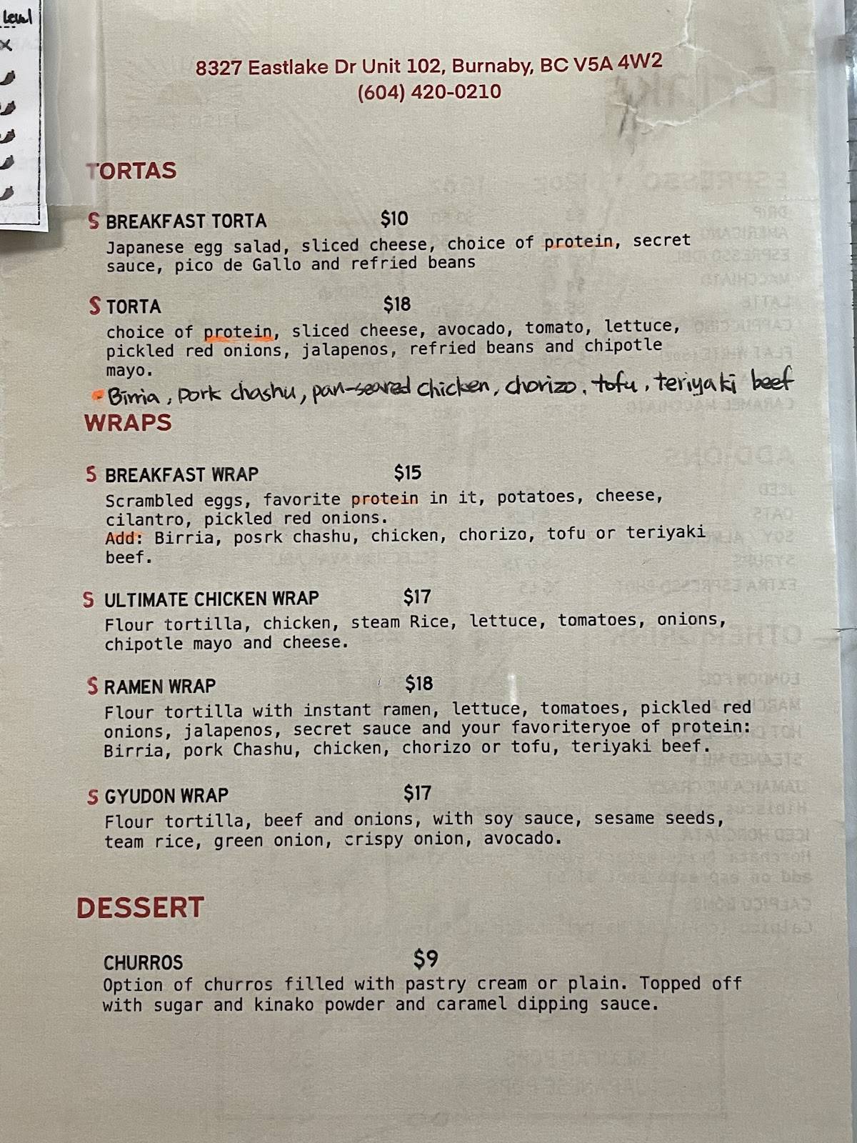 Menu at Miso Taco restaurant, Burnaby
