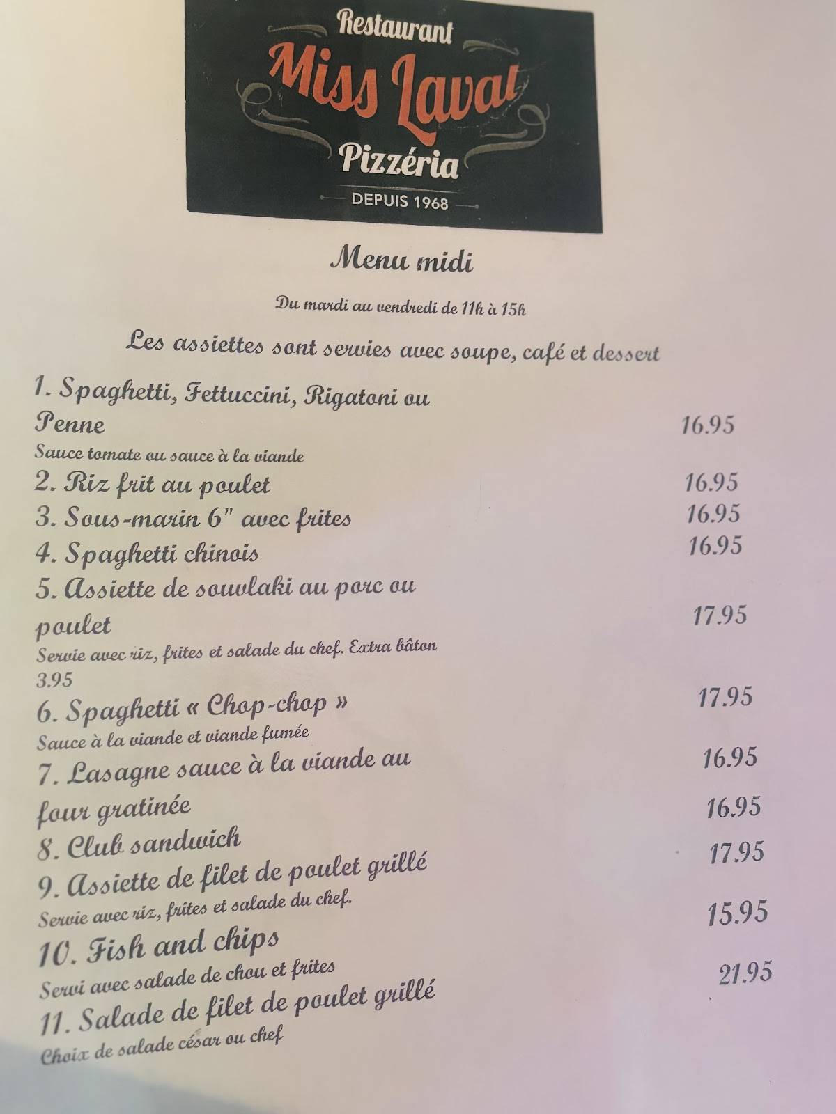 Menu au Restaurant Miss Laval, Laval