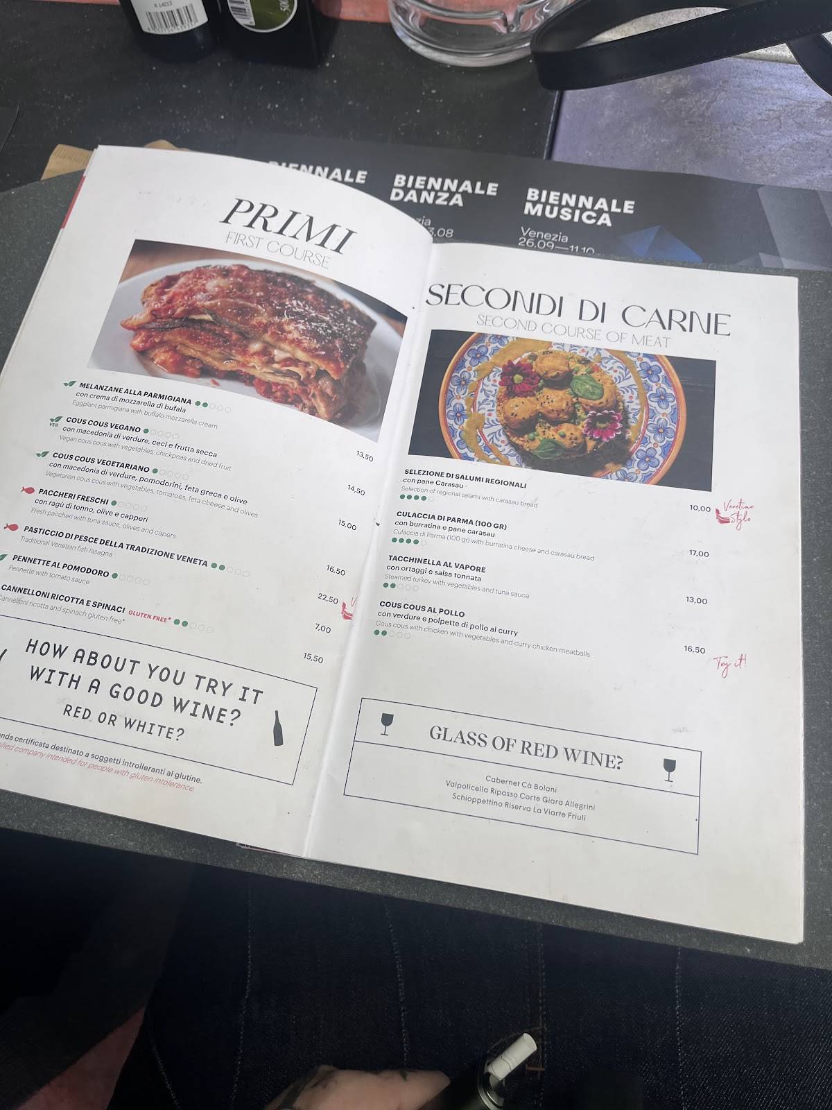 Menu au Molo di Venezia restaurant, Venise, Arsenale