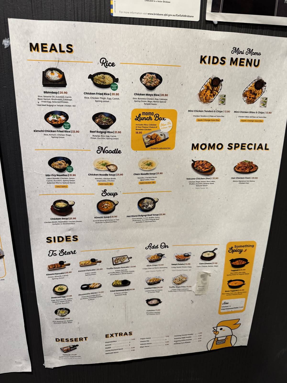 Menu at Momo Chicken restaurant, Brisbane City
