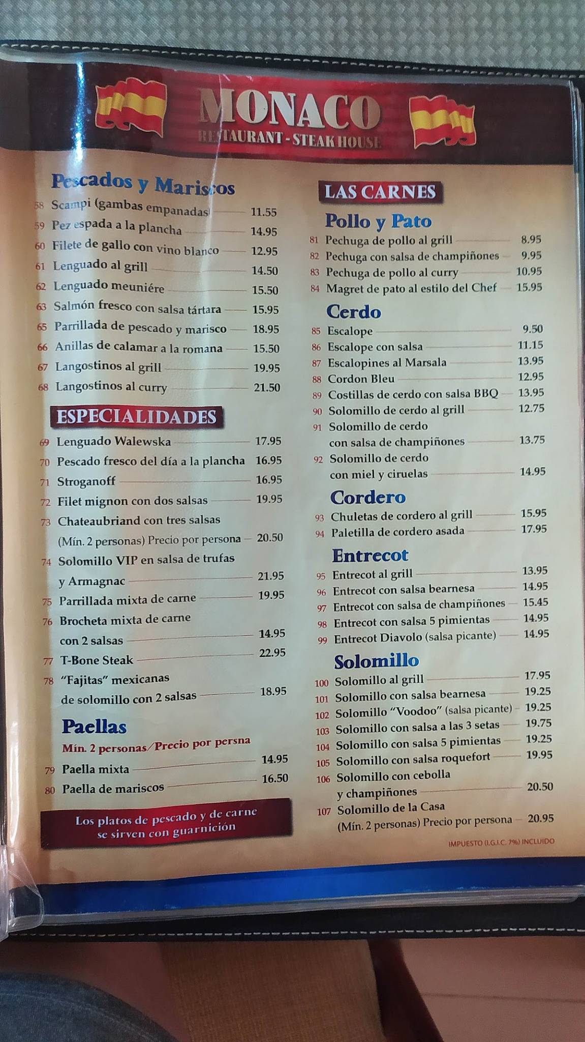 Menu at Restaurant Monaco Steak House, Puerto Rico de Gran Canaria