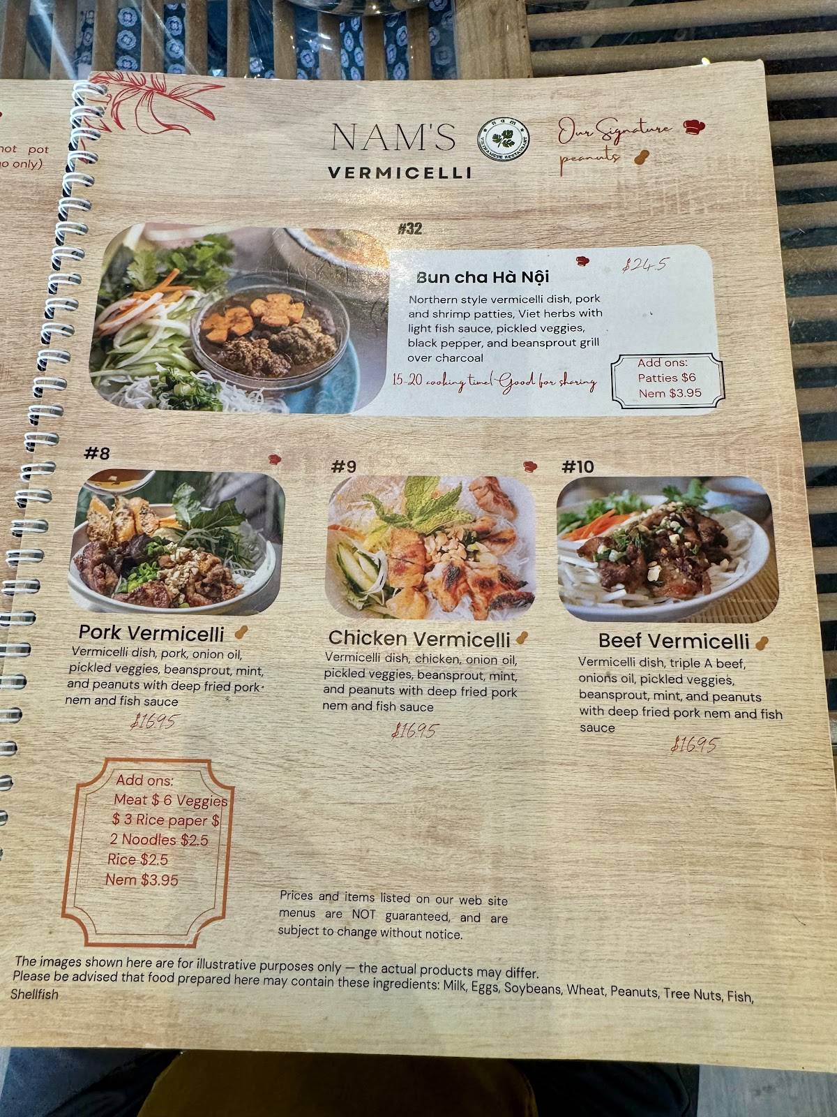Menu at Nam Richmondhill restaurant, Richmond Hill