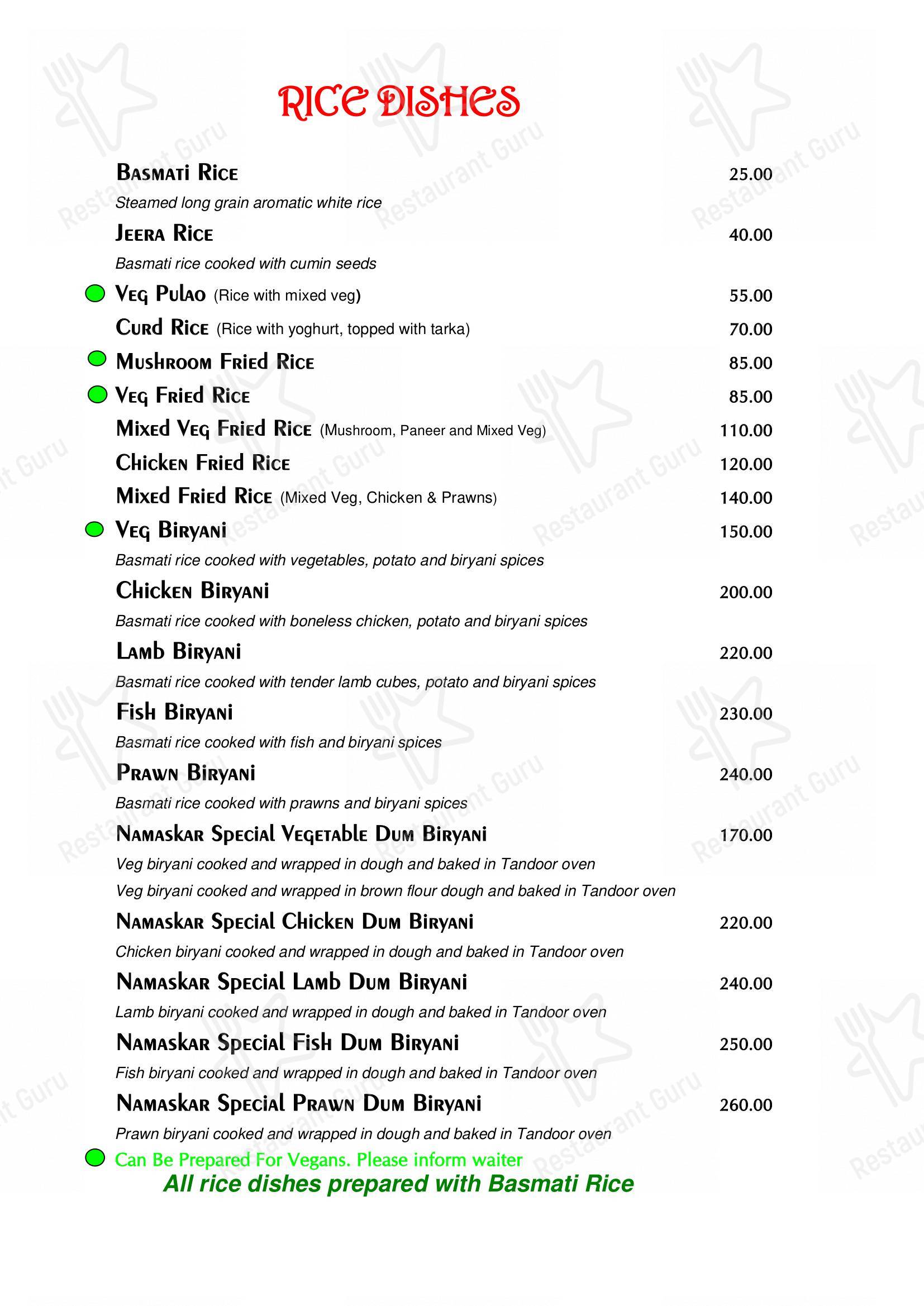 Menu at Namaskar Restaurant, Pretoria