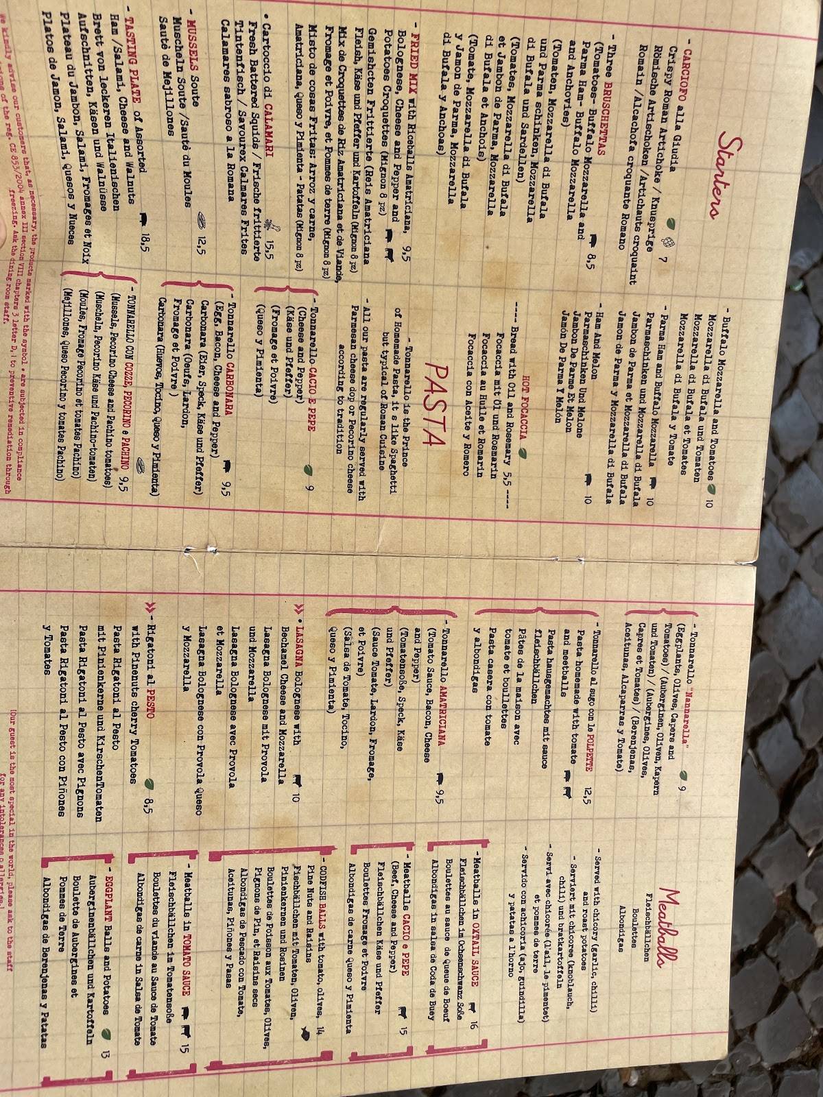 Menu at Nannarella restaurant, Rome