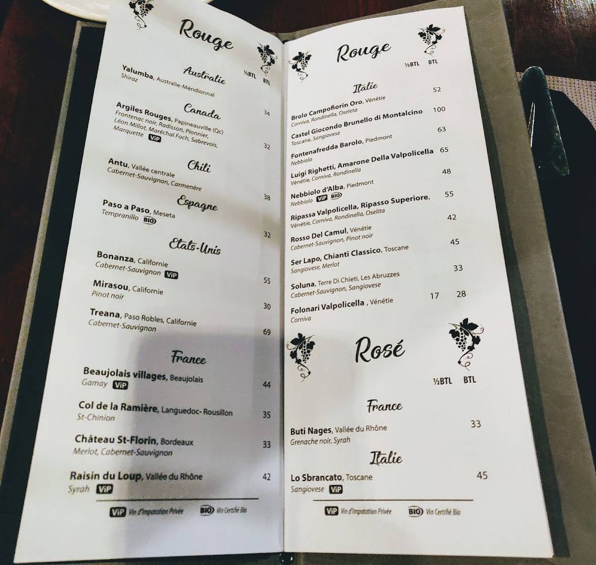 Menu au Restaurant Le Napoléon, Montebello
