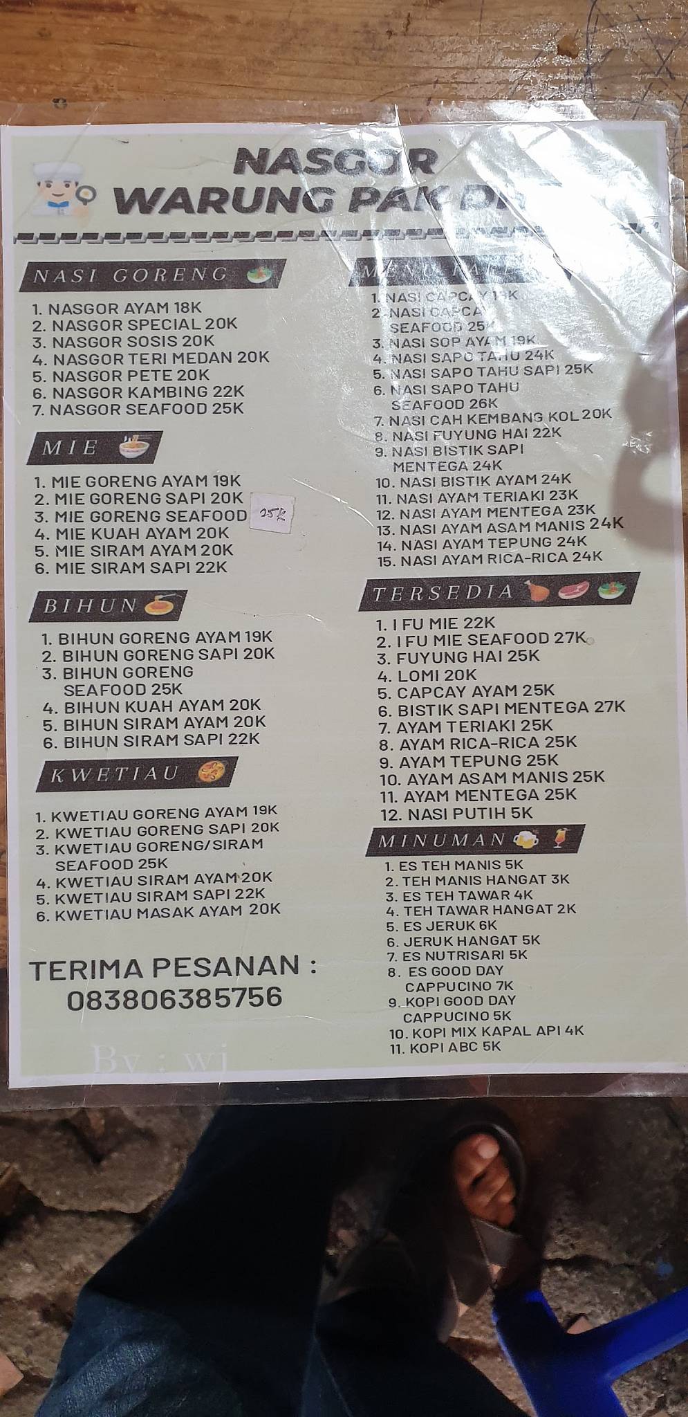 Menu at Nasi Goreng Warung Pak Dhe restaurant, South Jakarta