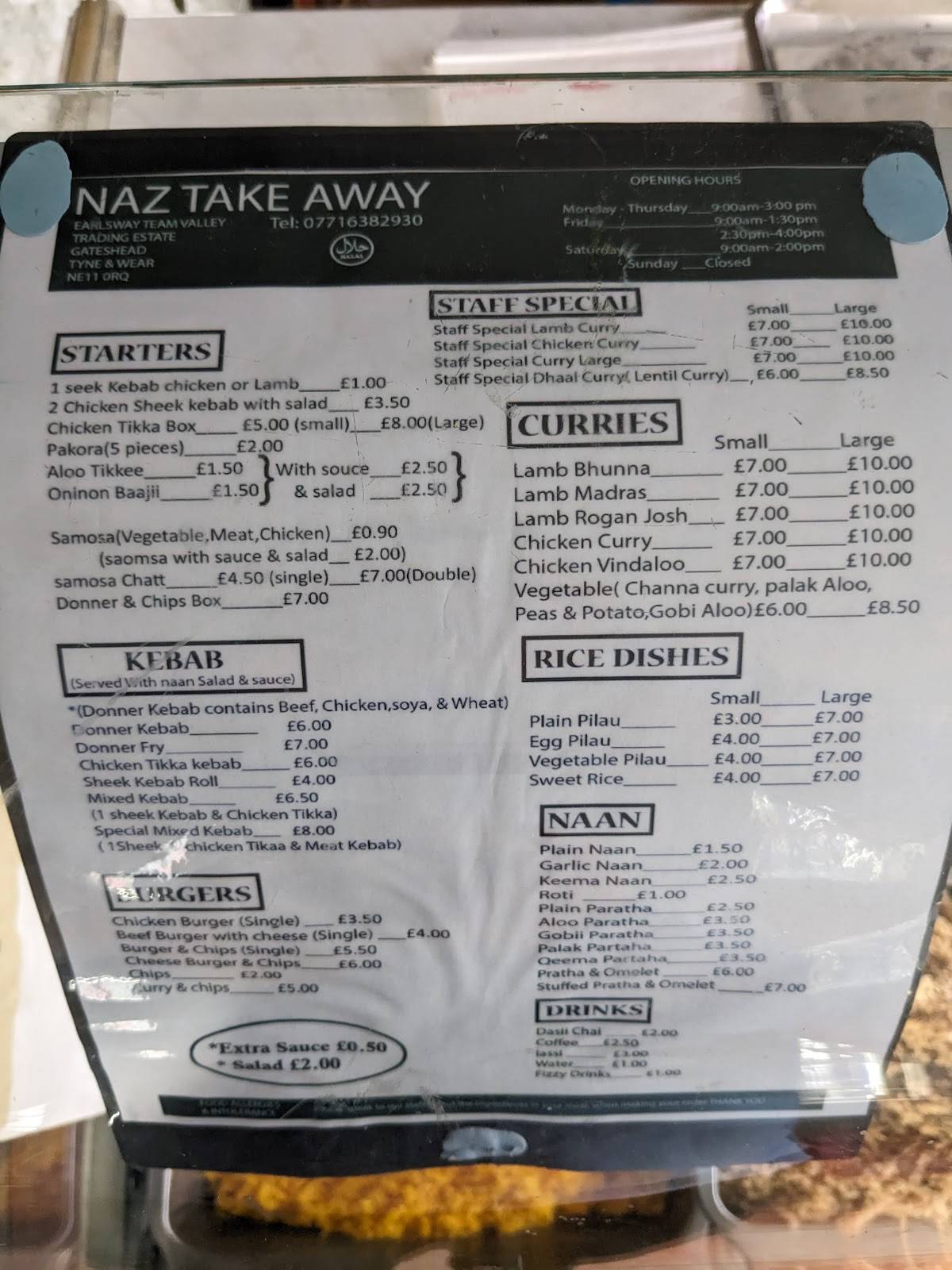 Menu at Naz Takeaway, Gateshead