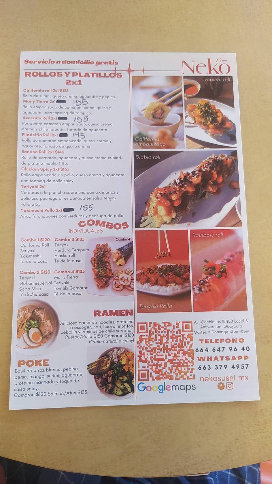 Menu at Neko Sushi restaurant, Tijuana