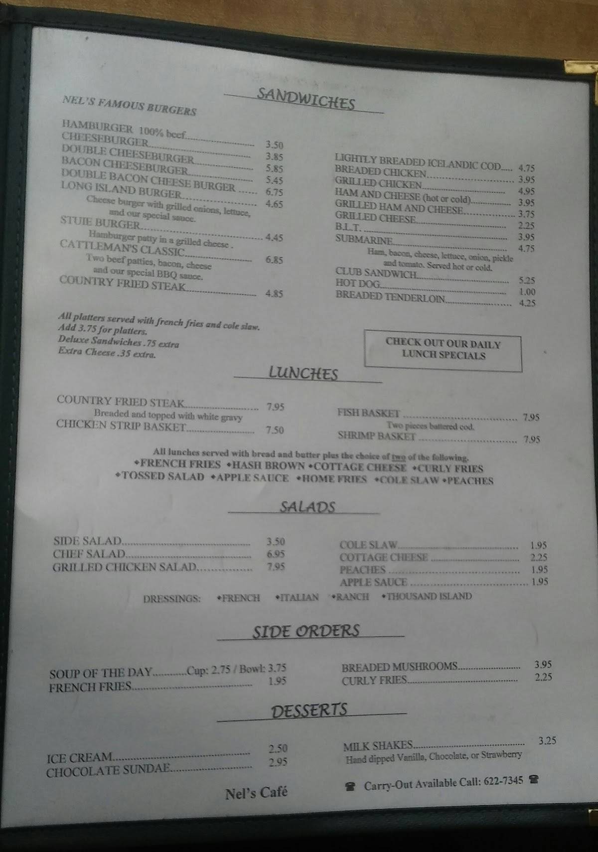 Menu at Nel's Cafe, Ossian