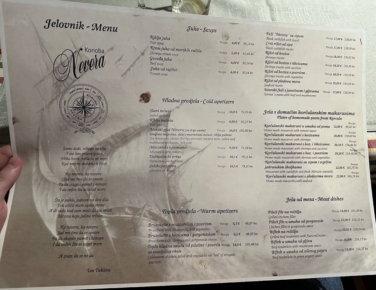 Menu at Nevera Tavern restaurant, Split