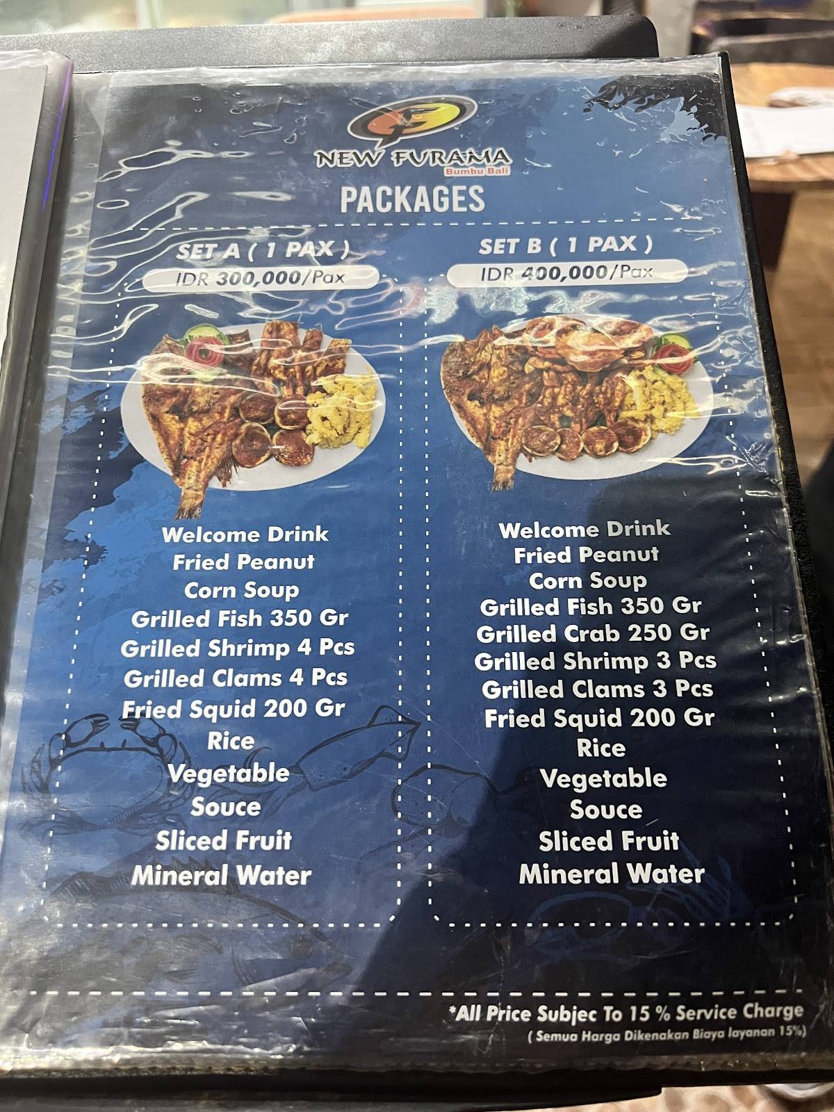 Carta del restaurante New Furama Seafood, Jimbaran